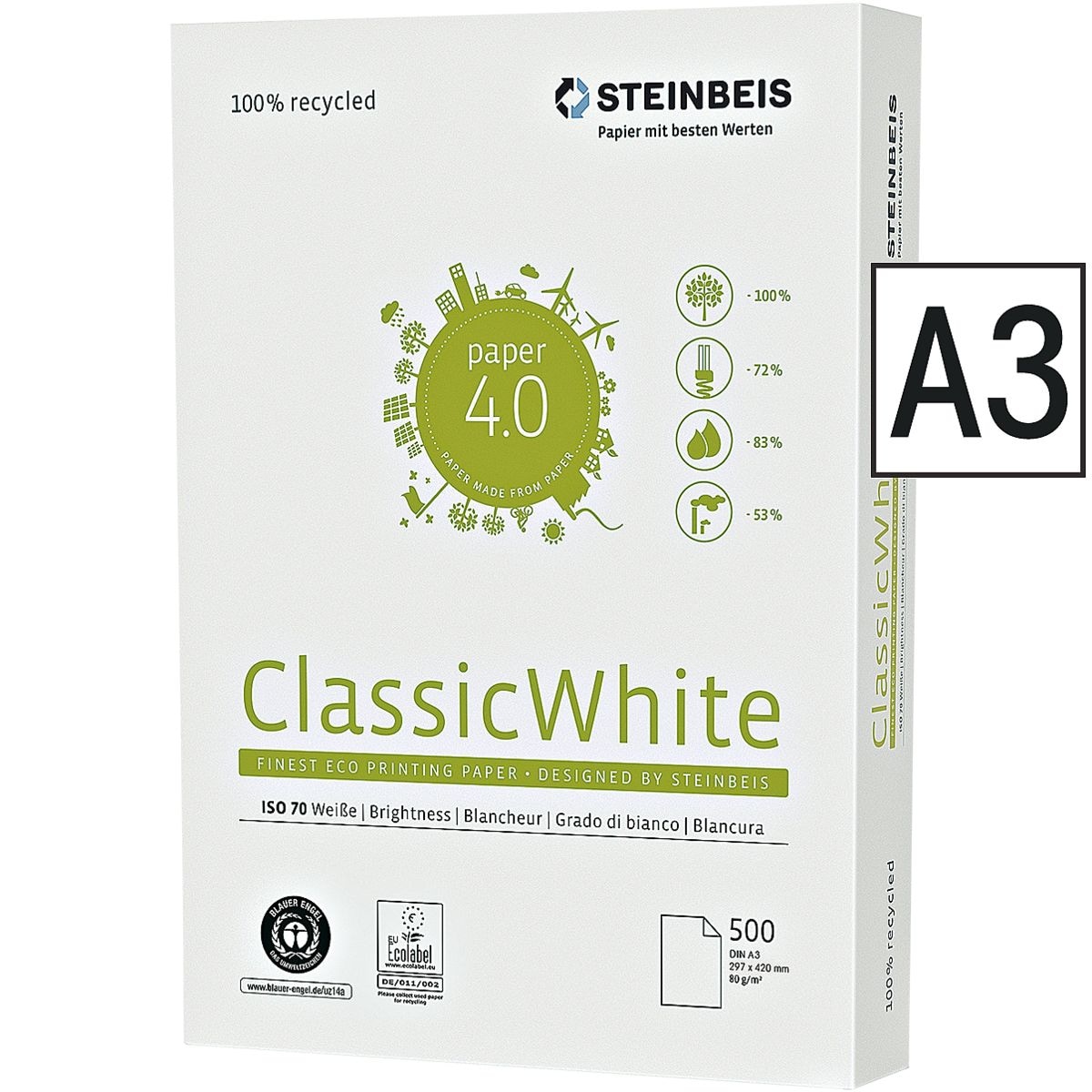Recyclingpapier A3 Steinbeis Classic White 500 Blatt Gesamt 80g Qm
